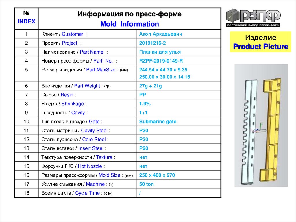 Информация по пресс-форме. Изделие Product Picture - презентация онлайн